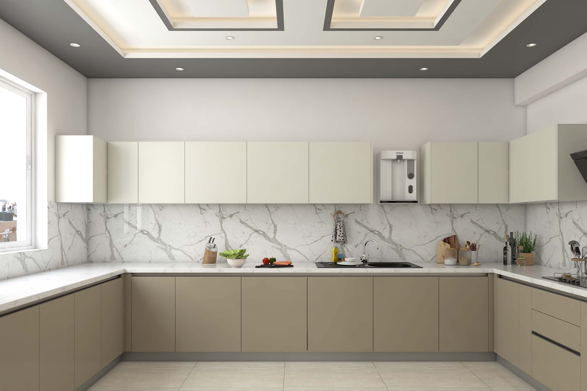 Spacious U-Shaped Modular Kitchen Design In Beige And White | Livspace