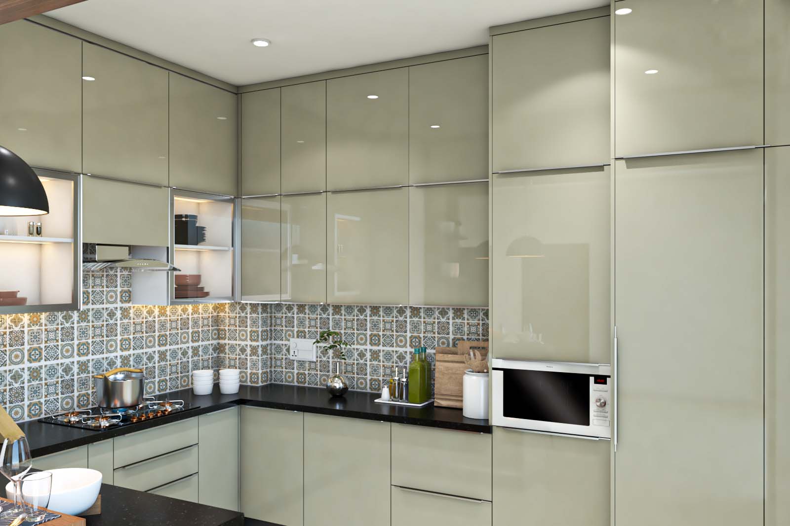 Spacious U-Shaped Indian Kitchen Design In Metallic Beige | Livspace