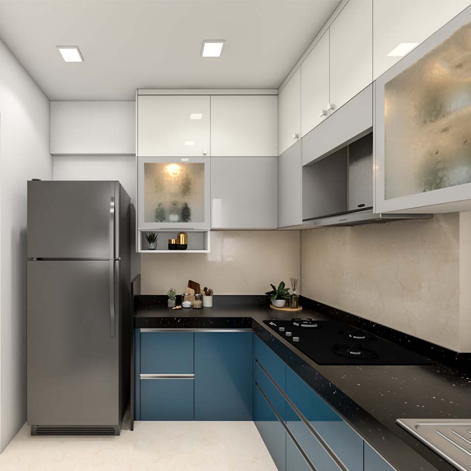 Spacious Turquoise And White L-Shaped Modular Kitchen Design | Livspace