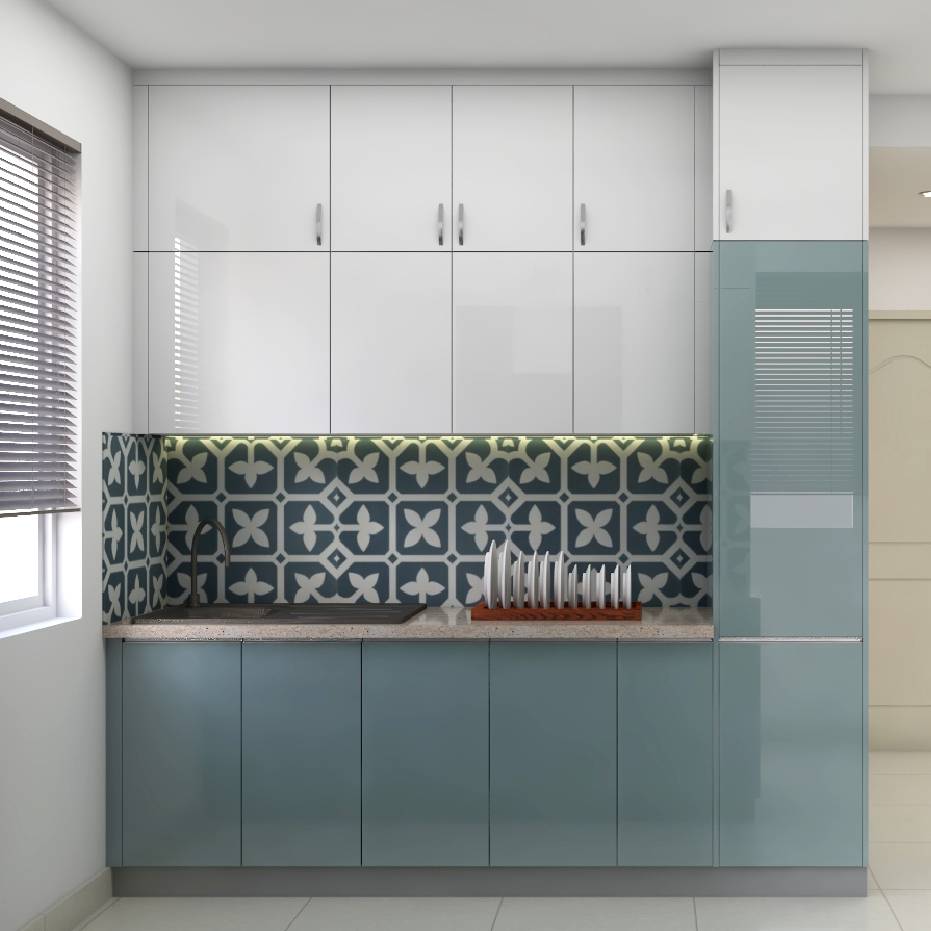 Blue And White Parallel Kitchen Design | Livspace