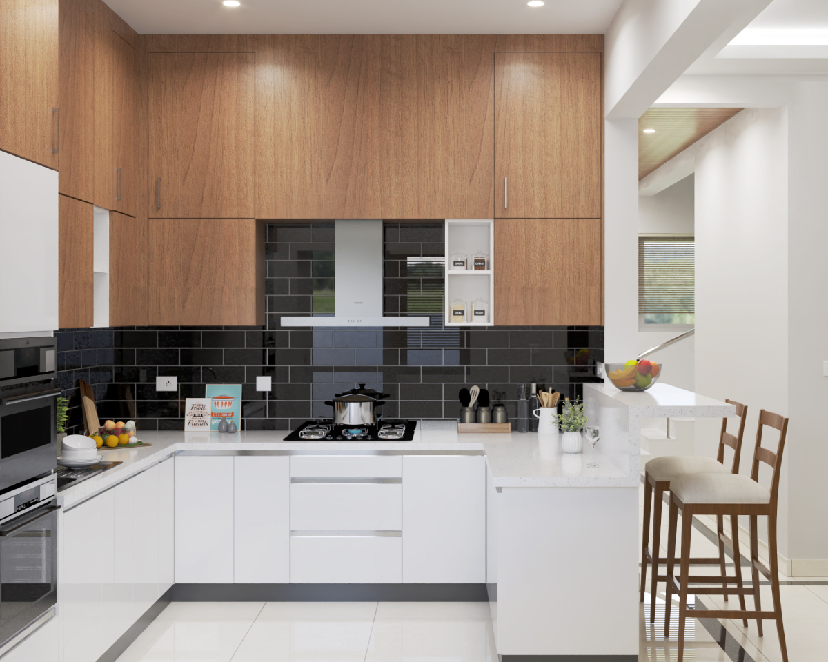 Compact Kitchen Design With White And Wooden Storage Units | Livspace