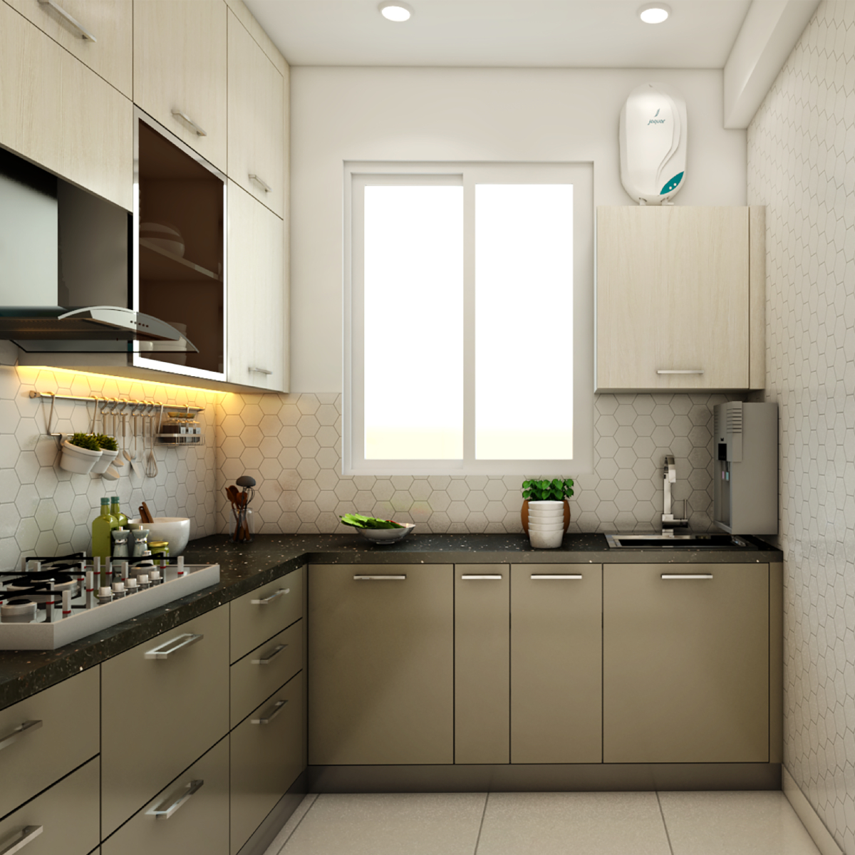 Compact Kitchen Design With Hexagonal Wall Dado Tiles | Livspace