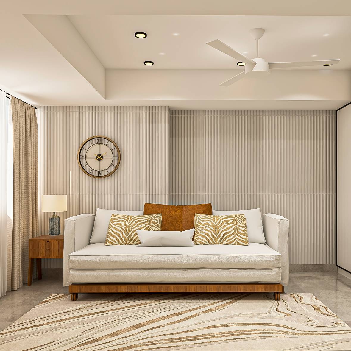 Spacious Living Room Design With White Louvre Walls | Livspace