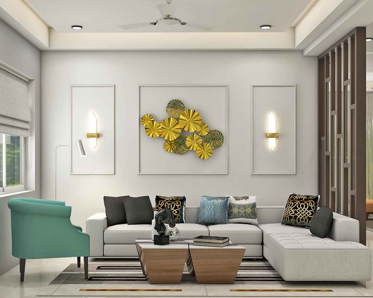 Spacious Living Room Design With Wall Lights And Decor | Livspace