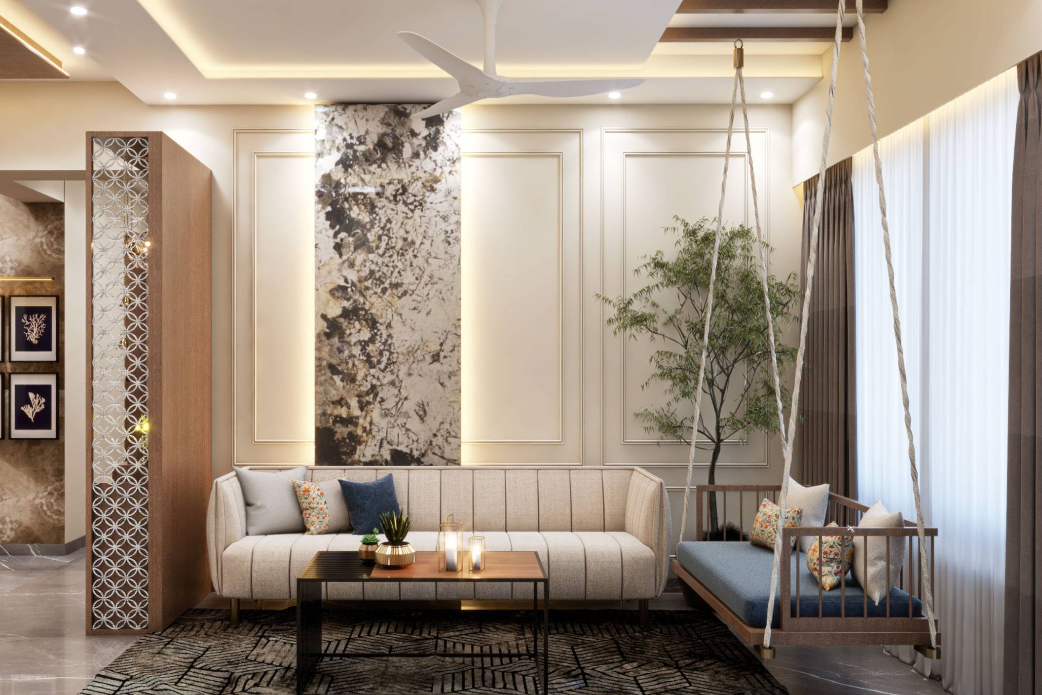 Spacious Living Room Design With A Wooden Framed Swing | Livspace