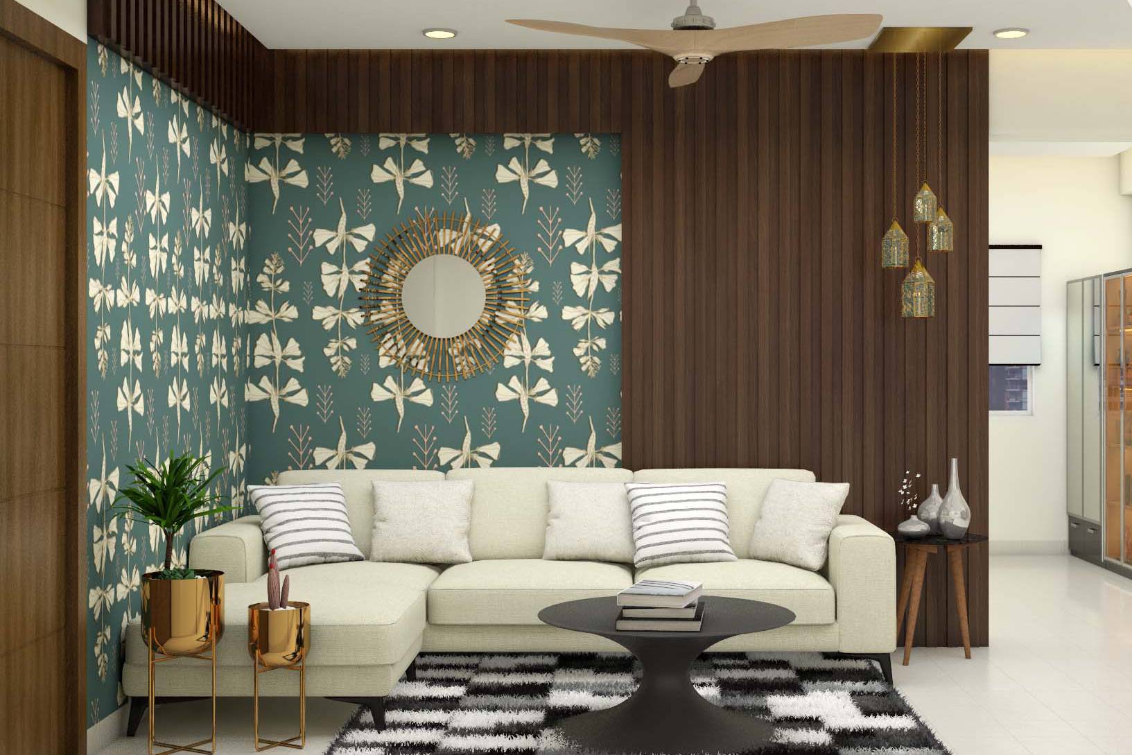 Compact Living Room Design With Wooden Wall Panelling | Livspace