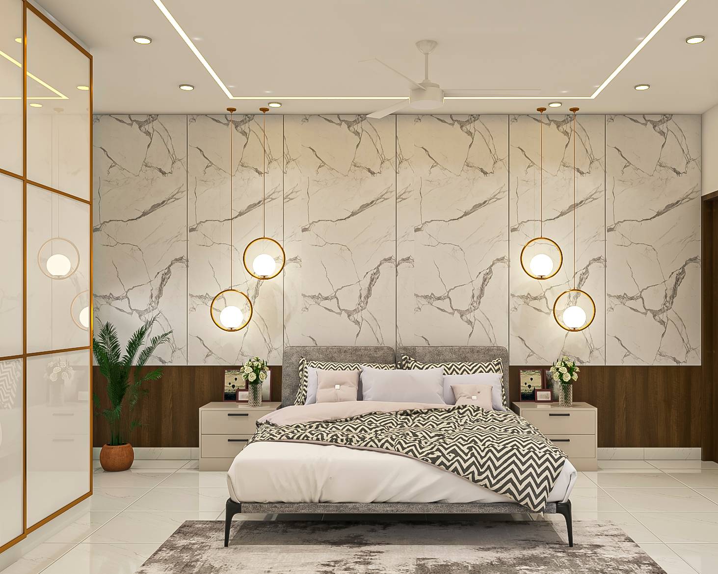 Spacious Master Bedroom Design With Marble And Wood Wall Design | Livspace