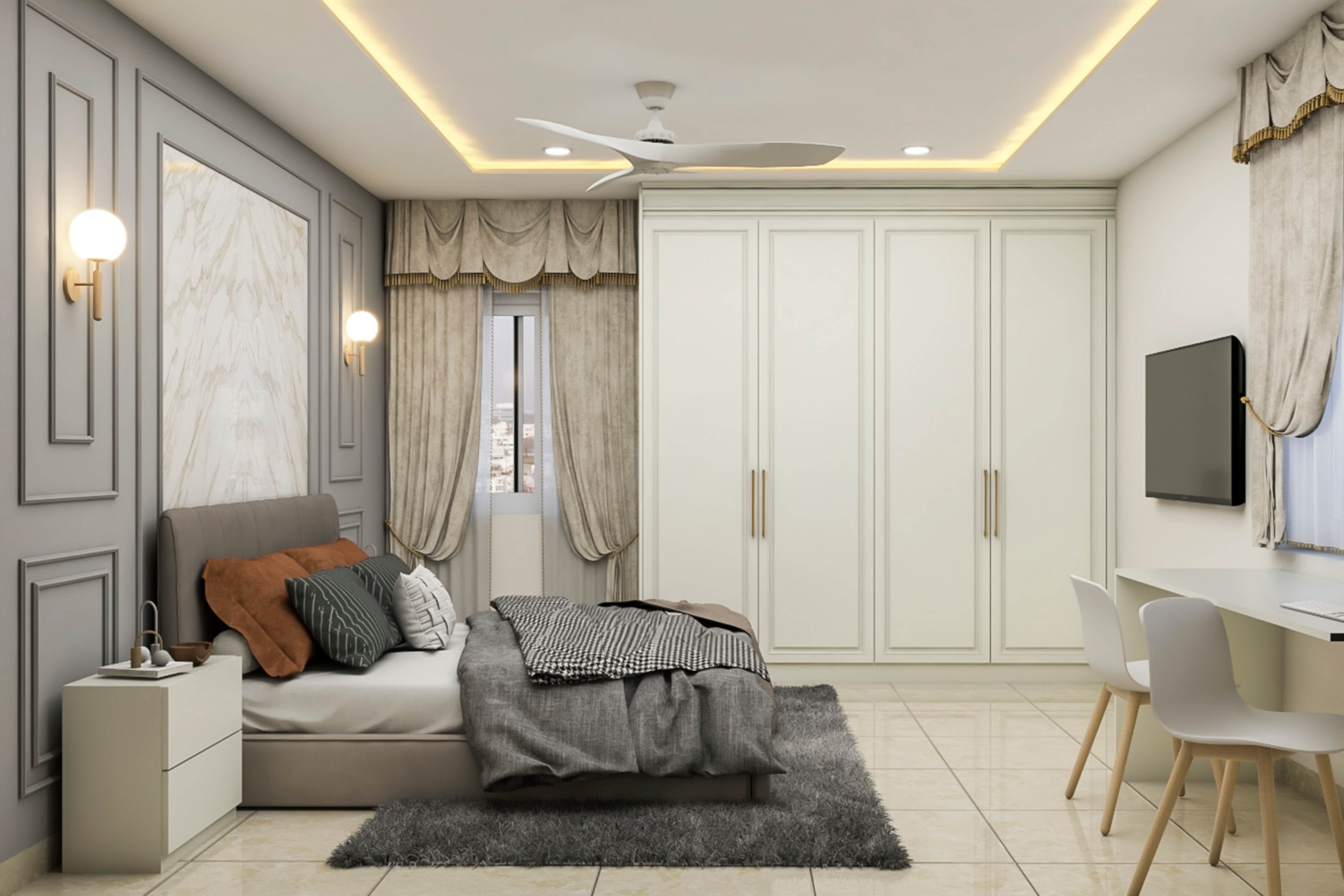 Spacious Bedroom Design With Wall-Mounted Lamps And Marble Panellng ...