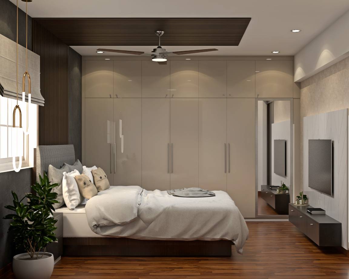 Guest Bedroom With A Textured Wallpaper | Livspace