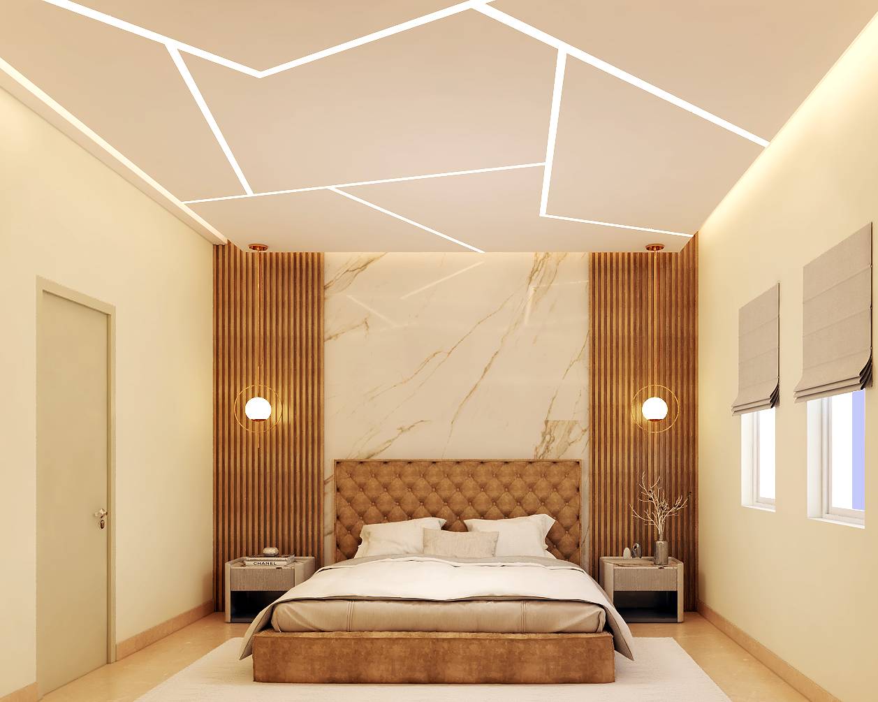 Simple Beige False Ceiling Design With Wooden Panelling | Livspace