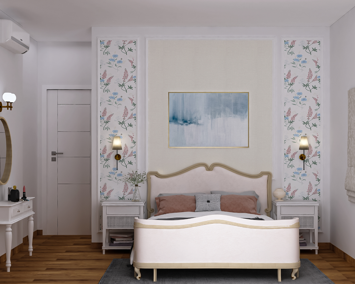Spacious Bedroom Design With A Wall-Mounted Mirror And A White Dressing ...