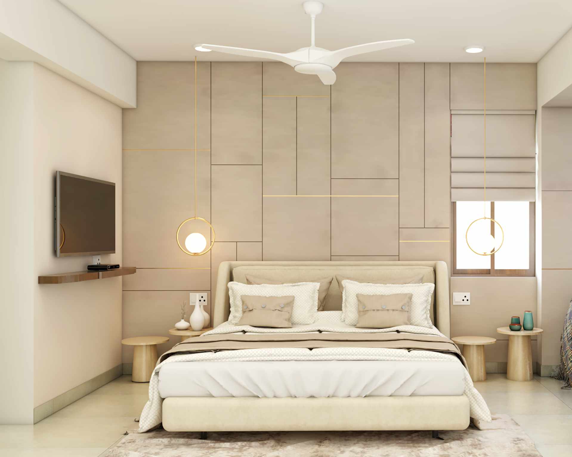 Spacious Bedroom Design With Wall Panelling And Golden Grooves | Livspace
