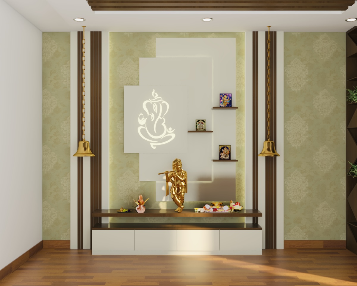 Spacious Mandir Design With Hanging Bells And Storage | Livspace