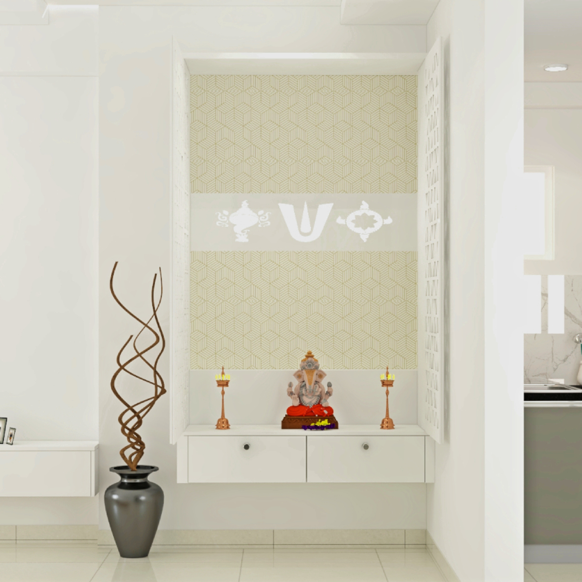 Compact Pooja Unit Design With CNC Cut | Livspace