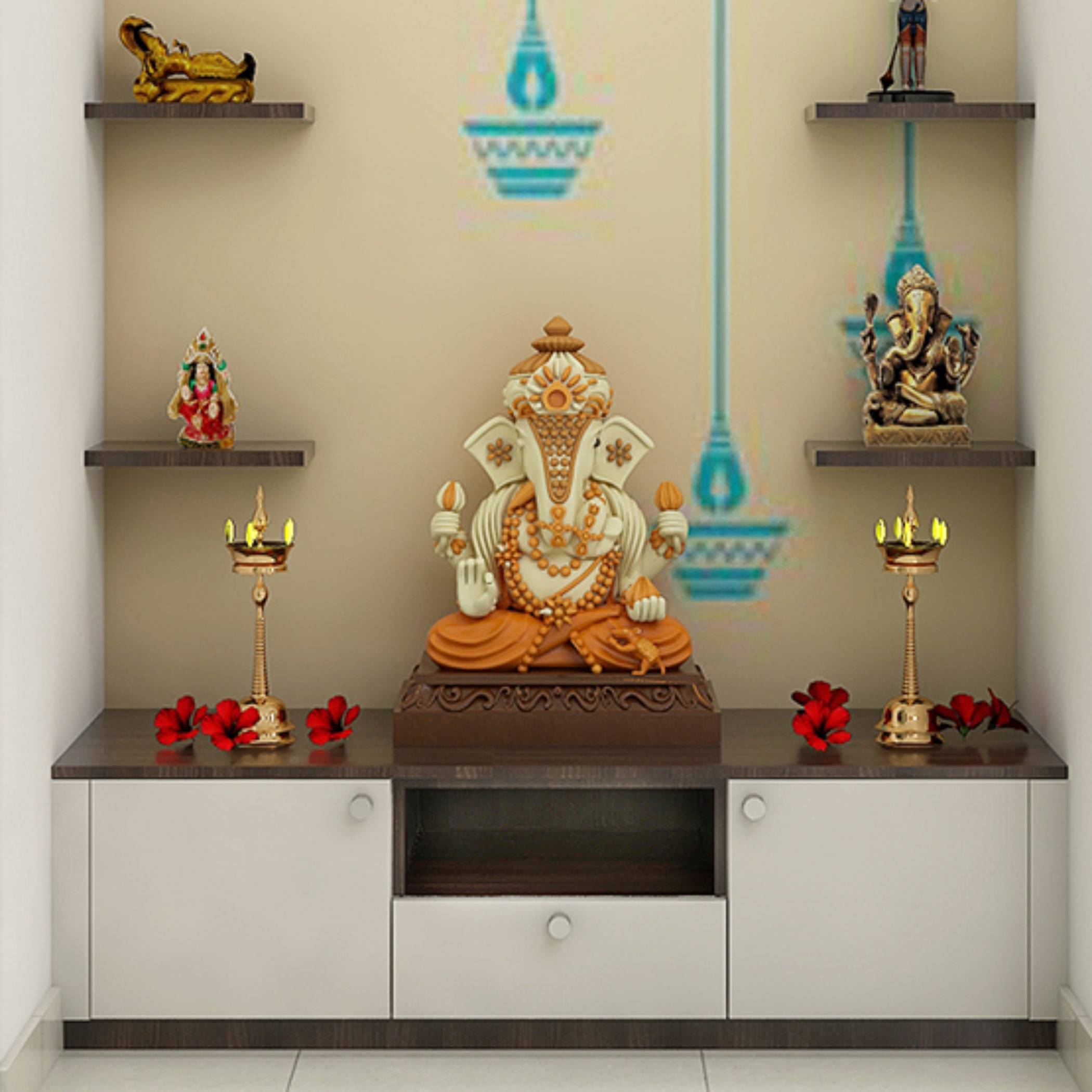 Spacious Mandir Design With Beige Wall Paint | Livspace