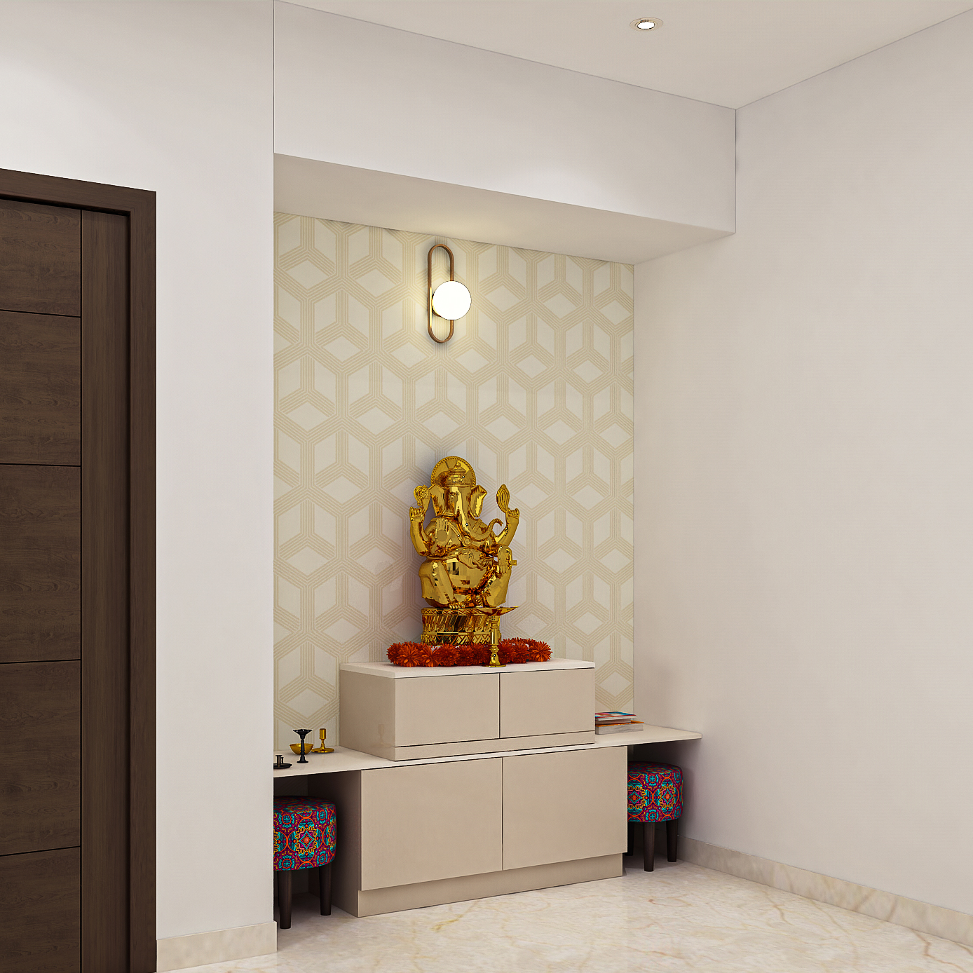 Compact Pooja Unit Design With Stepped Storage | Livspace