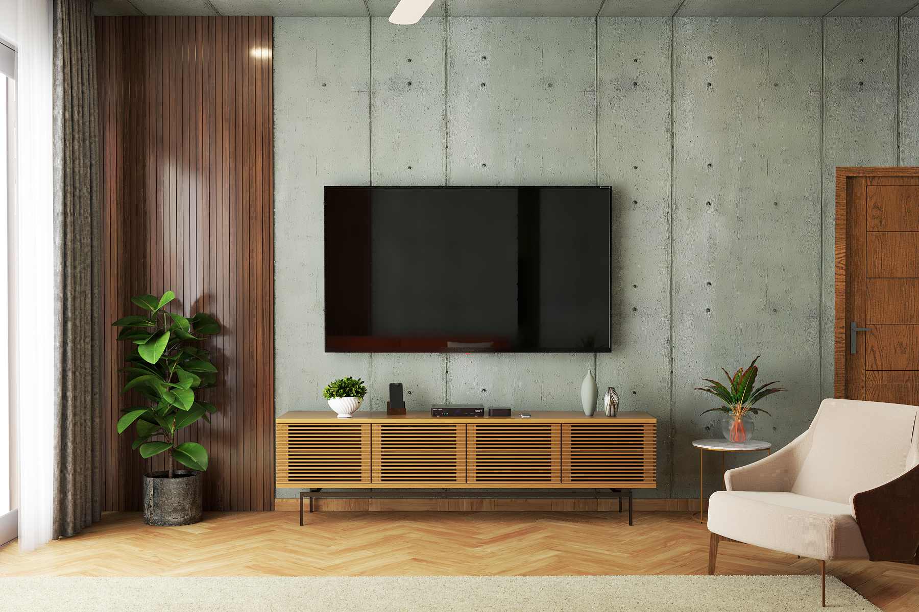 Spacious Industrial TV Cabinet Design With Wooden Console Table | Livspace