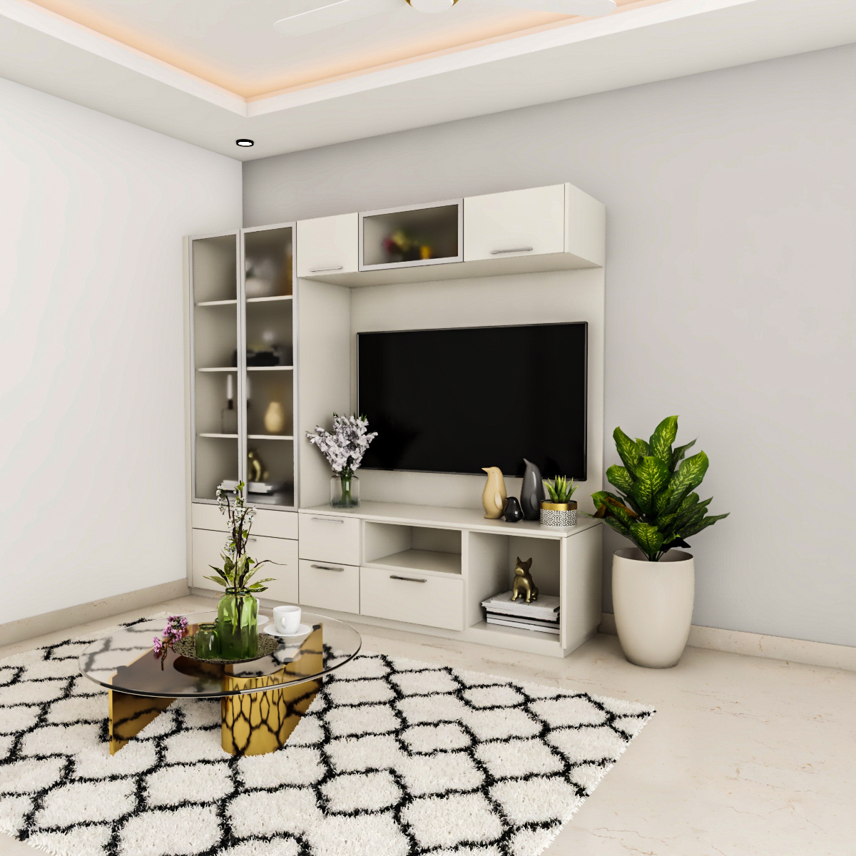 TV Cabinet Design With Overhead Storage | Livspace