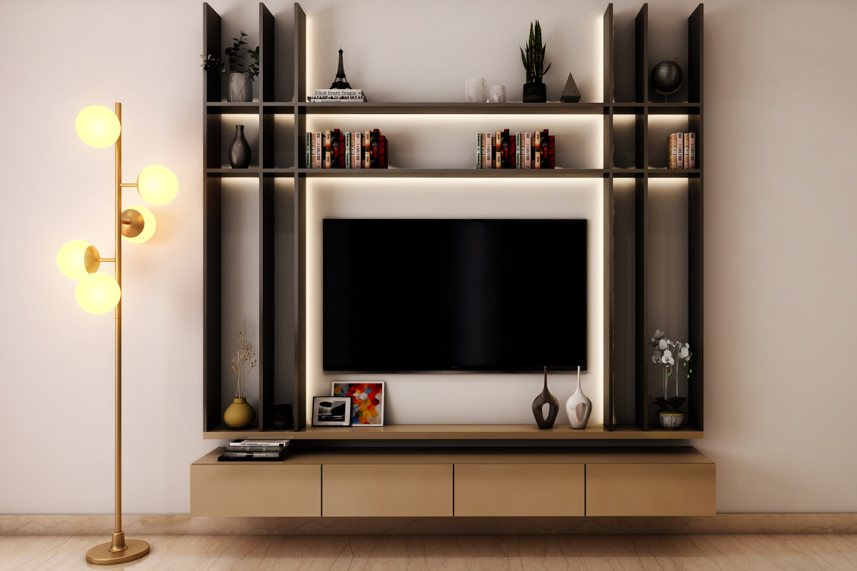 Compact TV Unit Design With Glossy Beige Pull Out Drawers | Livspace