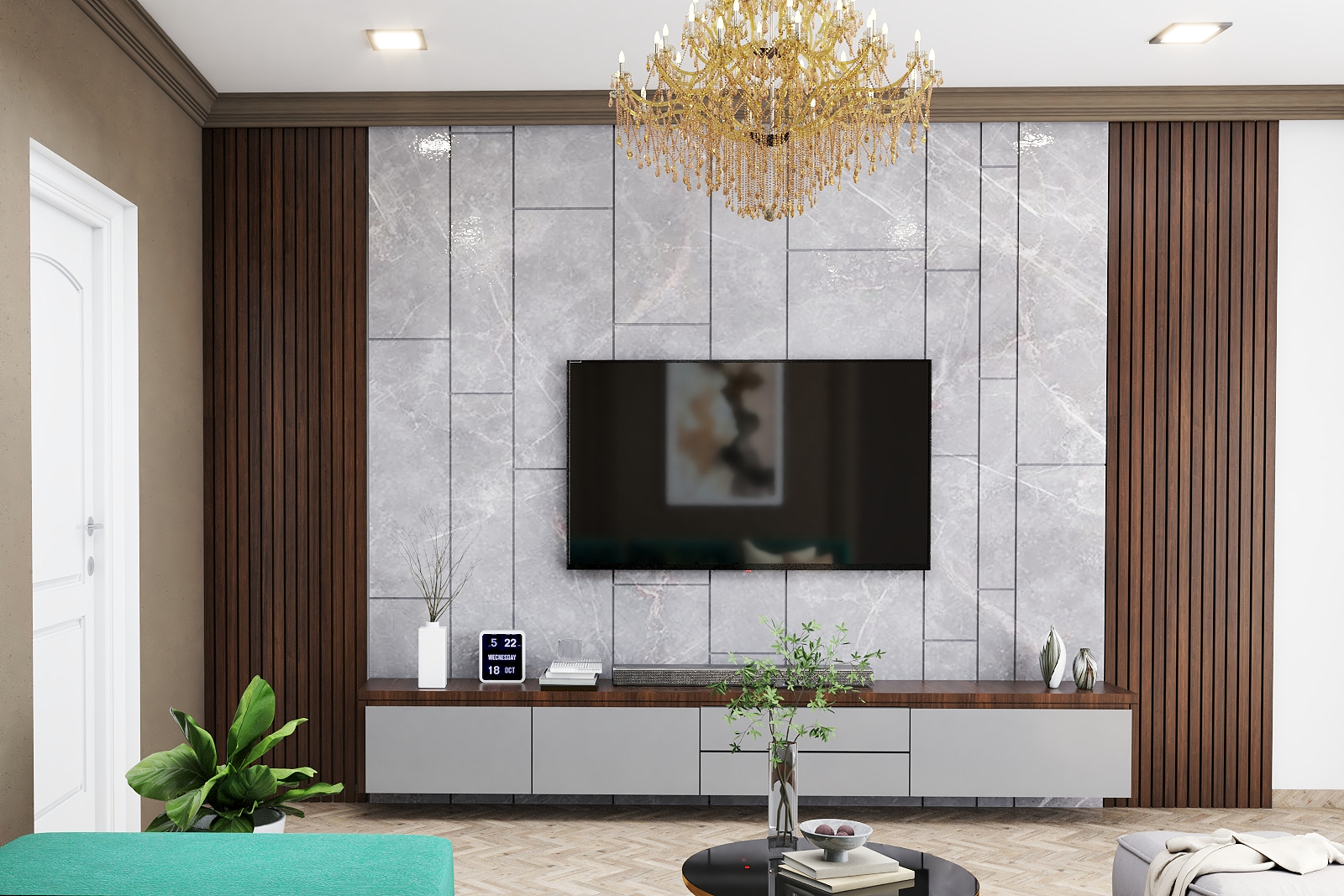 Compact TV Unit Design With Grey Stone Panel | Livspace