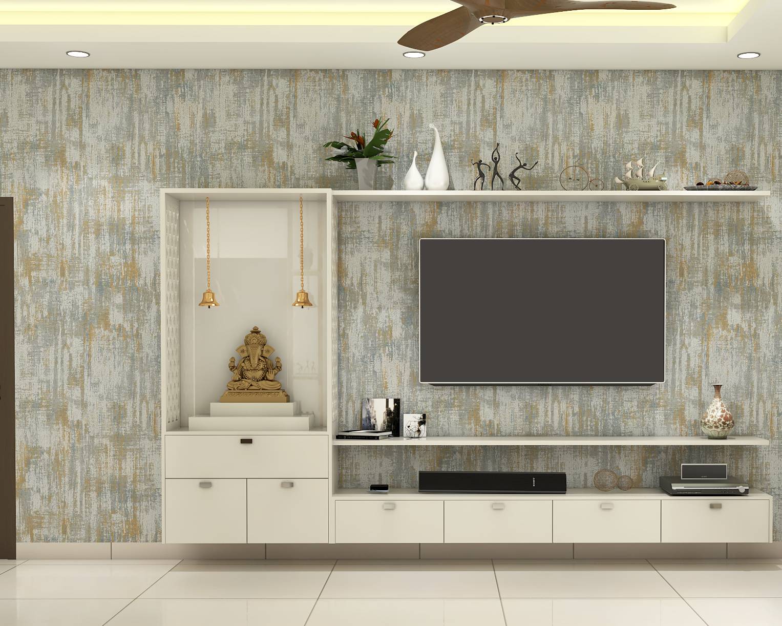 Spacious TV Unit Design With Textured Wallpaper Livspace