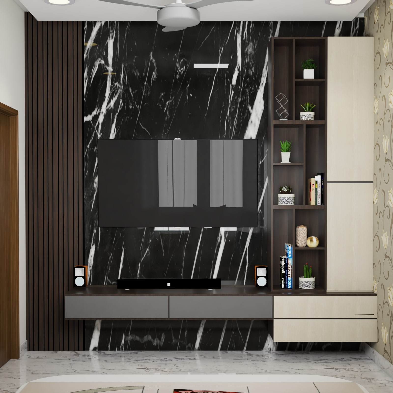 Compact TV Unit Design With Tall Storage And Fluted Panels | Livspace