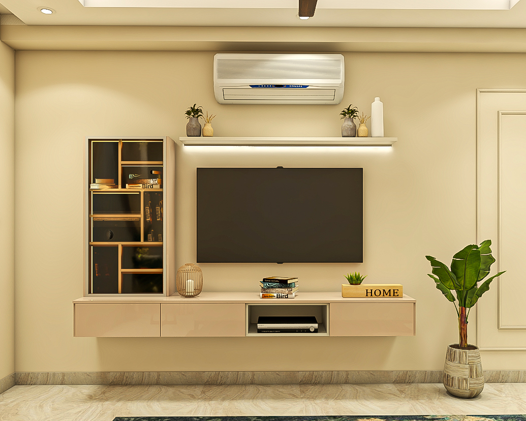 Spacious Wall-Mounted TV Unit With A Tall Storage Unit | Livspace
