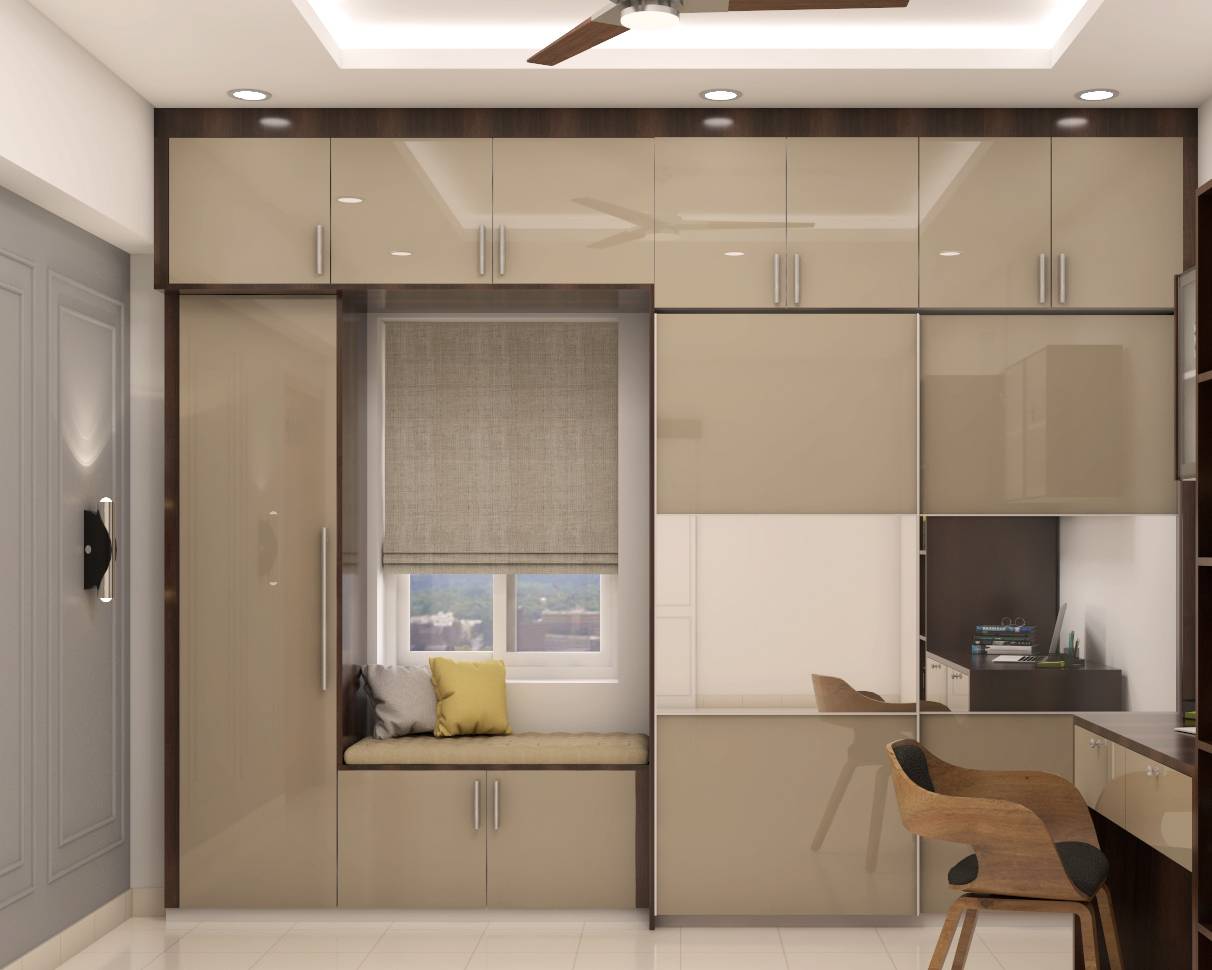 Spacious Sandy Brown Sliding Door Wardrobe Design | Livspace