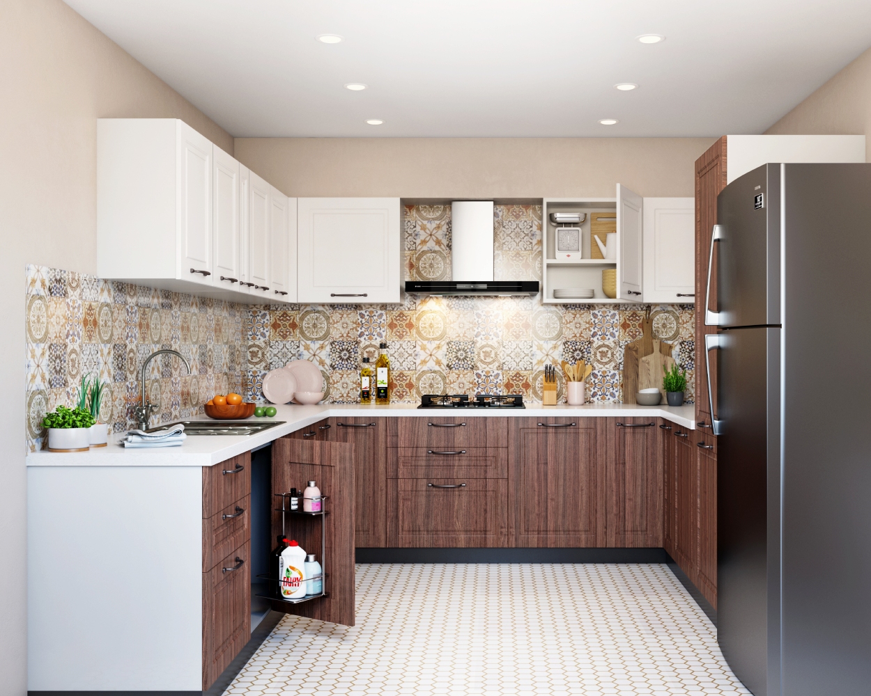U Shape Kitchen Design With Colourful Patterned Dado Tiles | Livspace