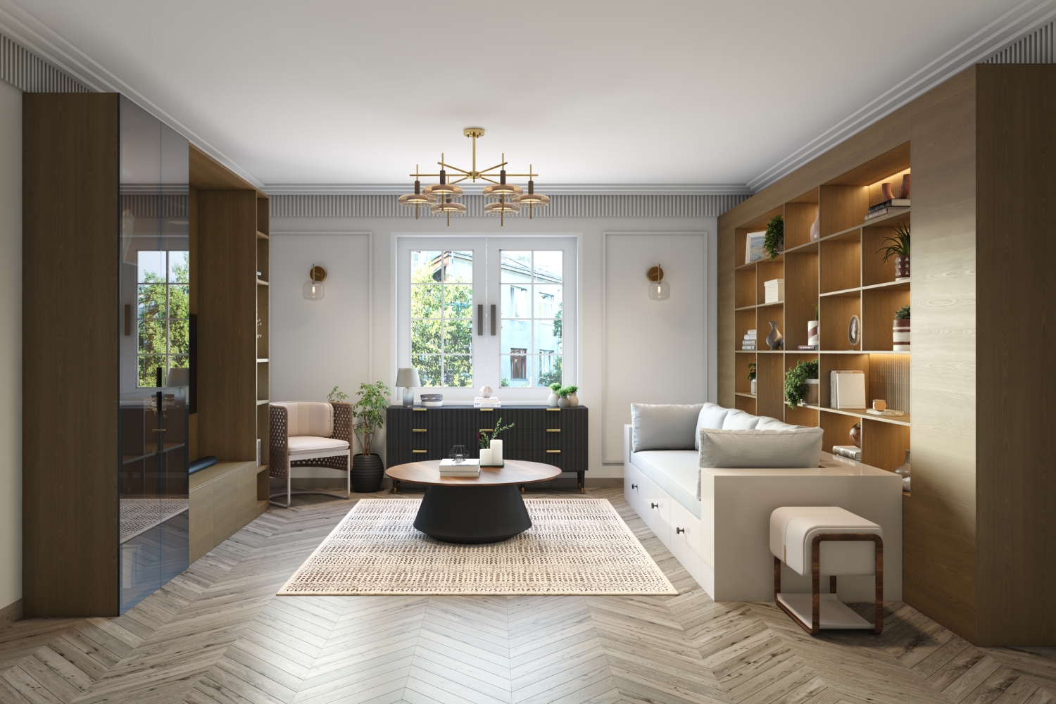 Spacious Living Room Design With Wooden Storage Unit - 20x18 Ft | Livspace