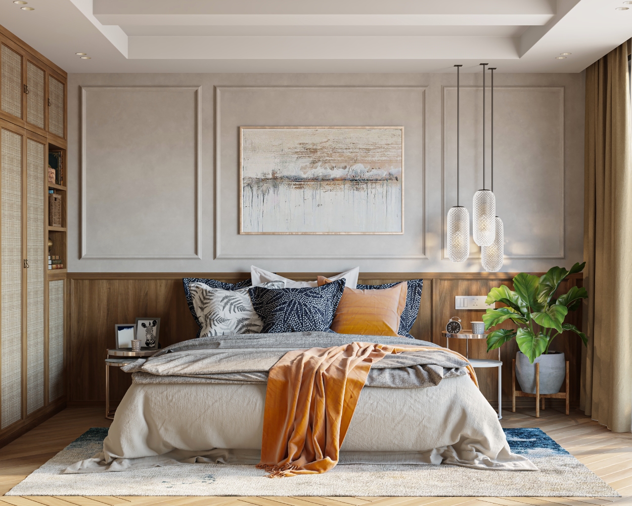 Bedroom Wall Design With Wooden Wall Panel And Wall Trims | Livspace