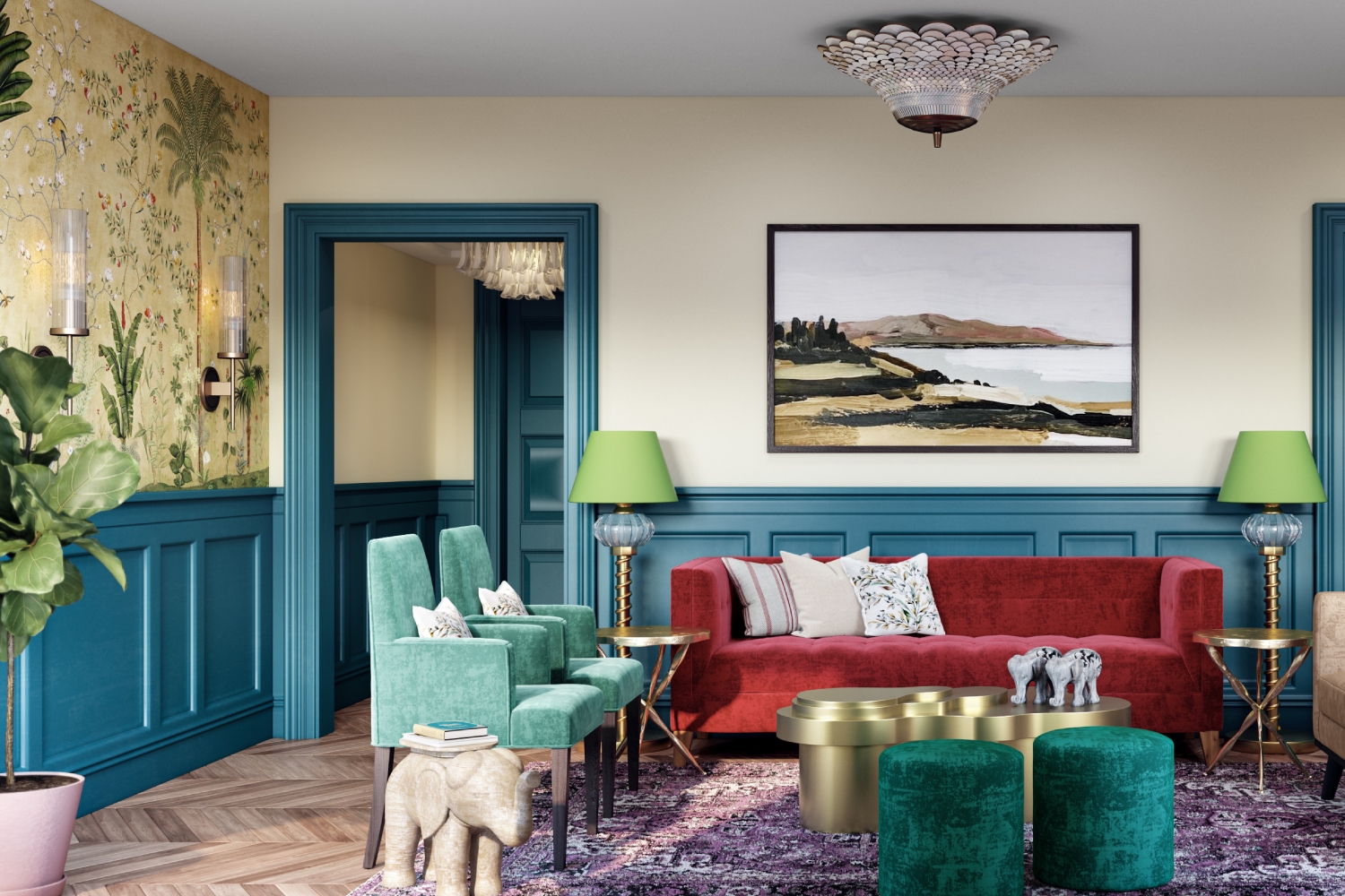 Art Deco Wall Design With Chair Rail Moulding And Wallpaper | Livspace