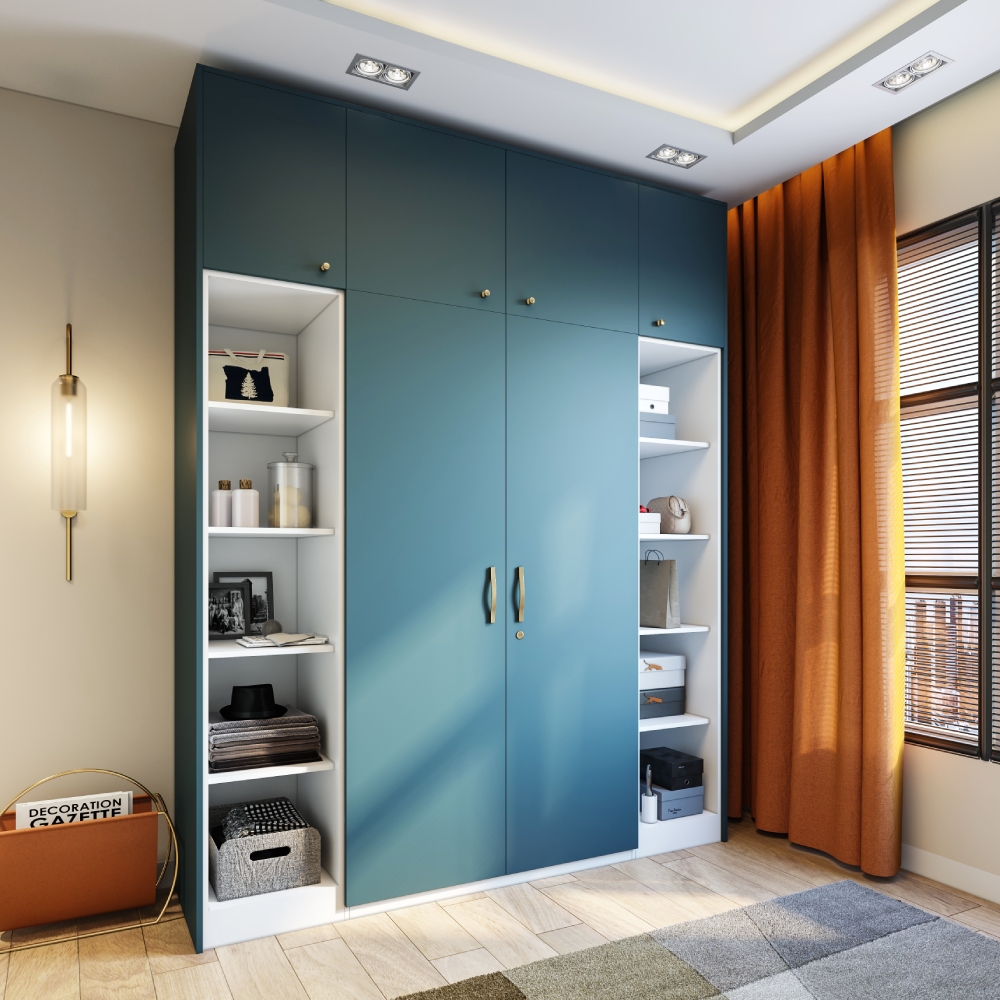 Shore Blue 2-Door Swing Wardrobe Design With Open Shelves | Livspace