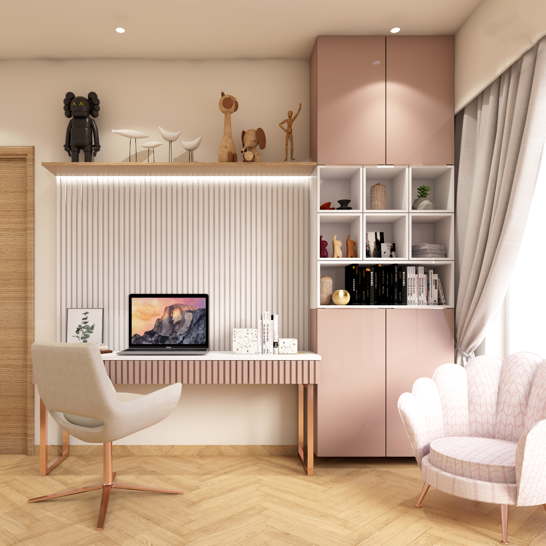 Sand Satin-Toned Study Room Design With Tall Storage Unit And Open ...