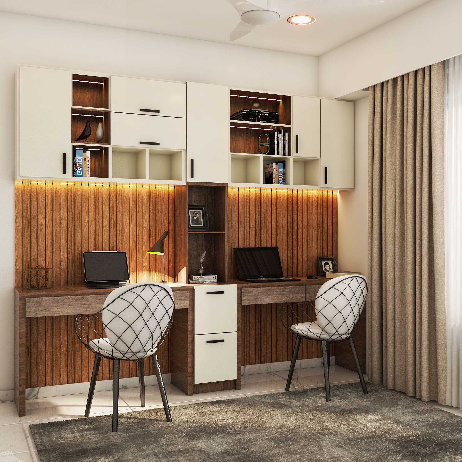 Champagne-Toned And Wood Study Room Design With Black Chair | Livspace