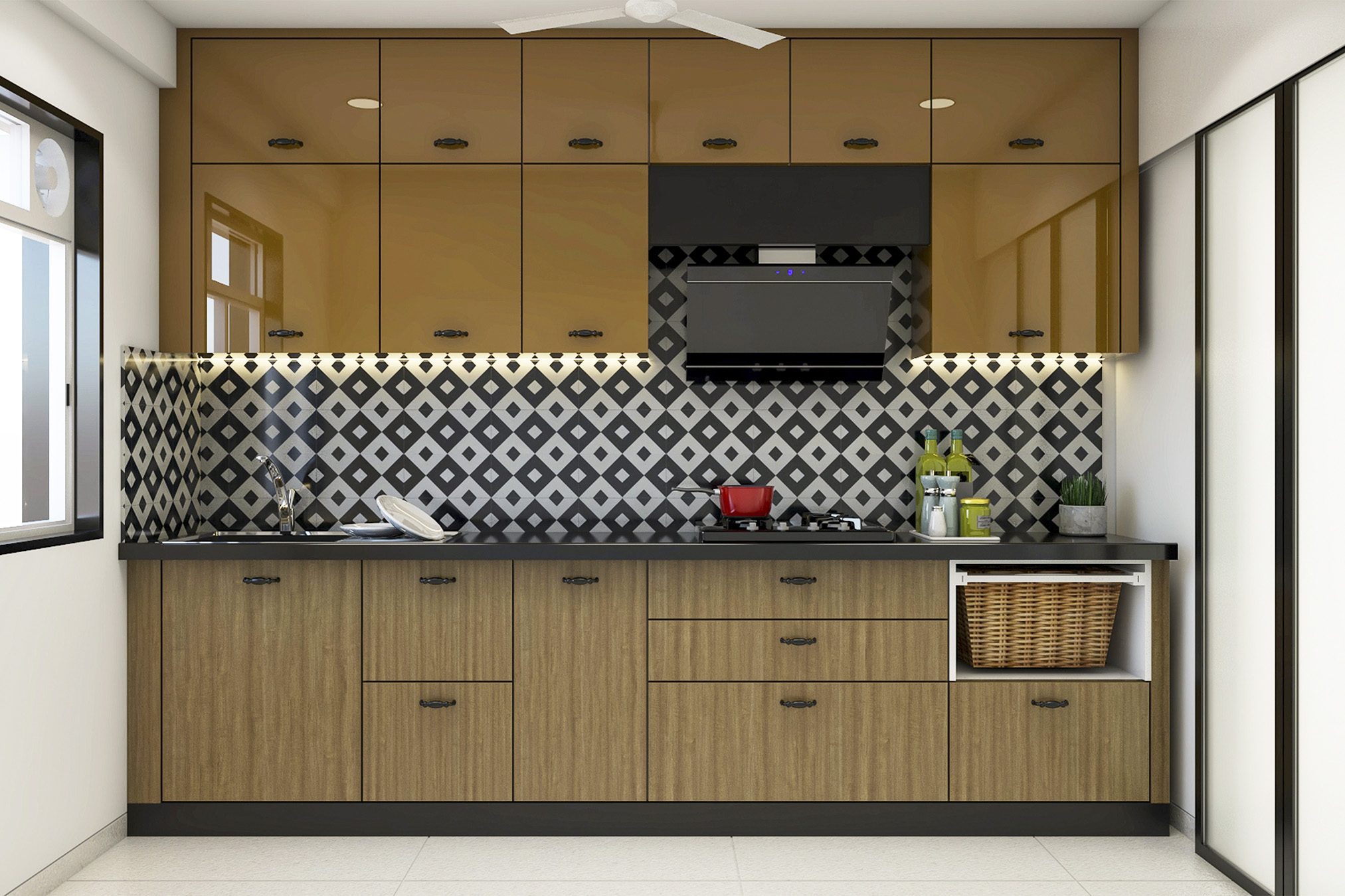 Semi-Glossy Ceramic Black And White Kitchen Tile Design | Livspace