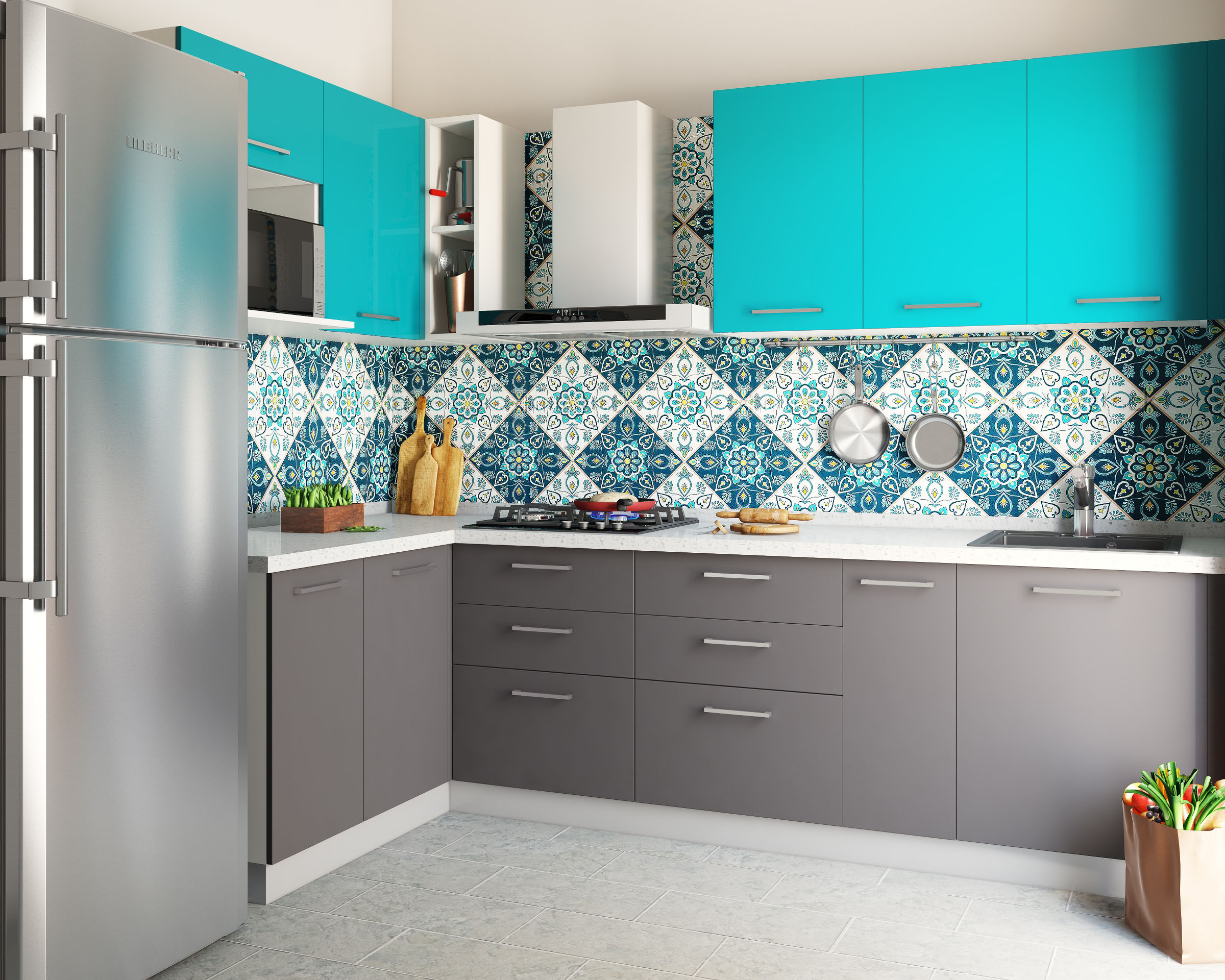 Semi-Glossy Blue And White Ceramic Kitchen Tile Design | Livspace