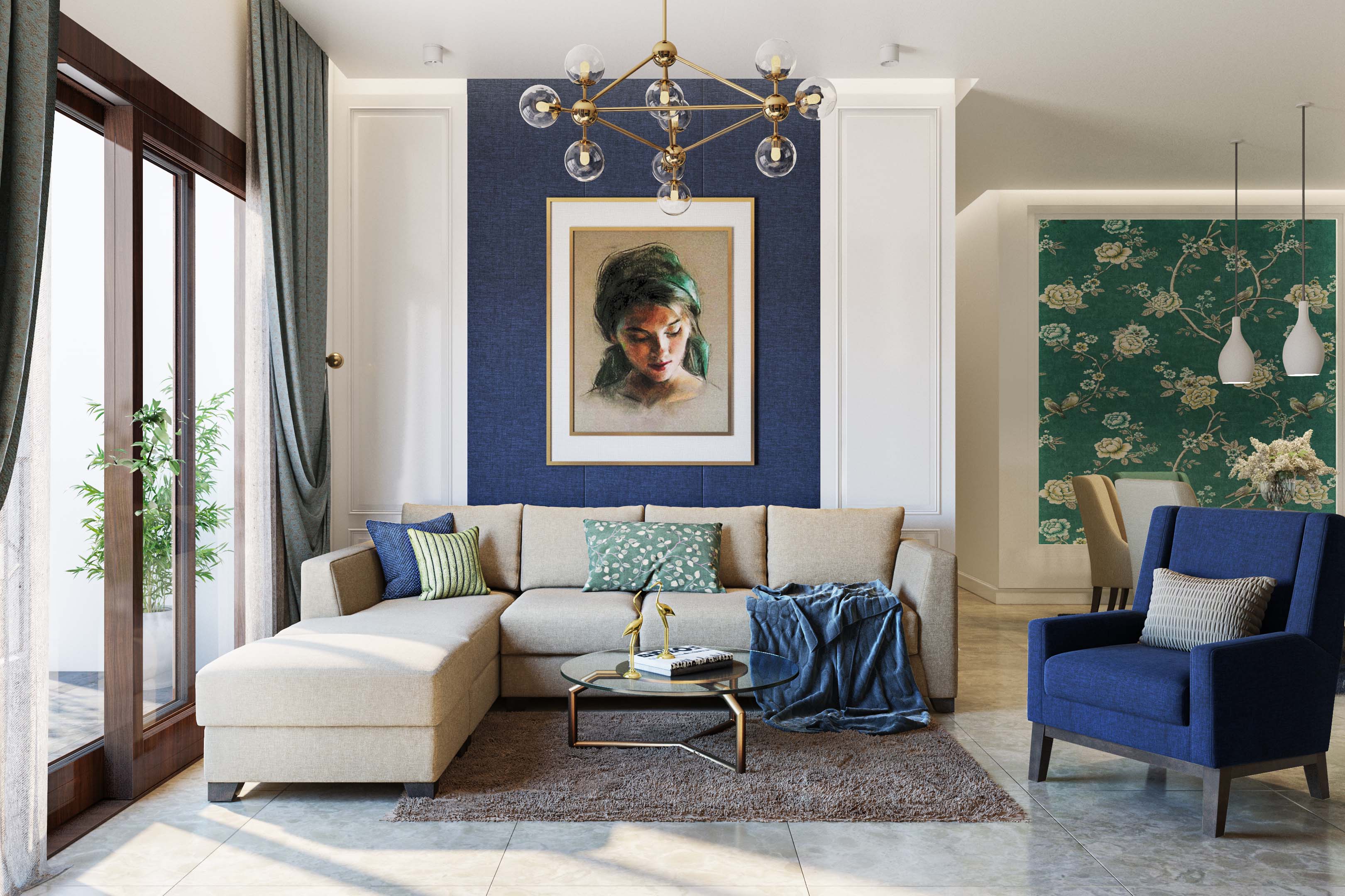 Wall Design With White And Blue Trims And Wall Cushioning | Livspace