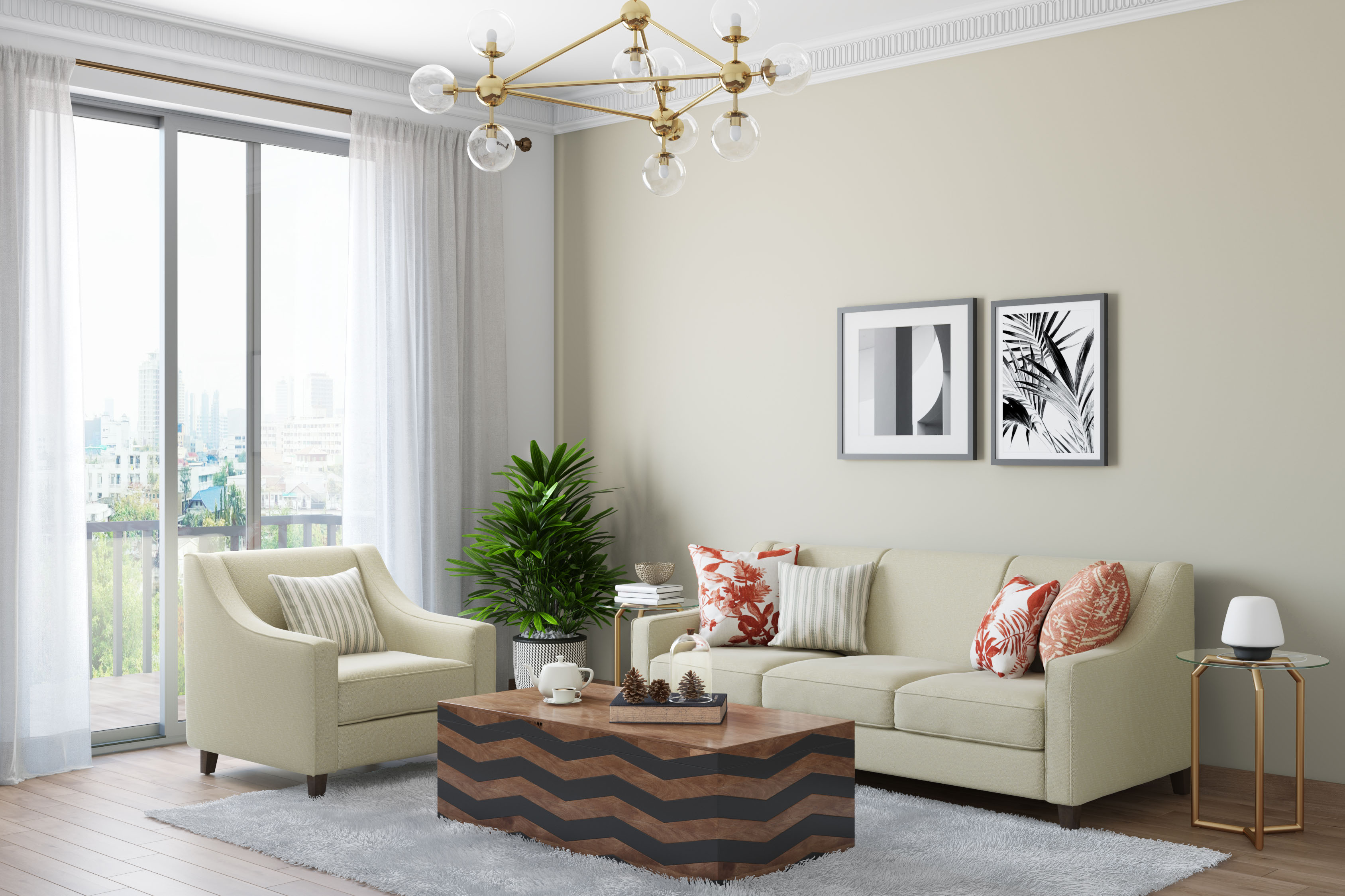 All-Beige Living Room Wall Paint Design | Livspace