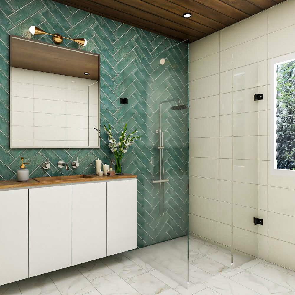 Off White And Teal Blue Bathroom Design With Herringbone Wall Pattern ...