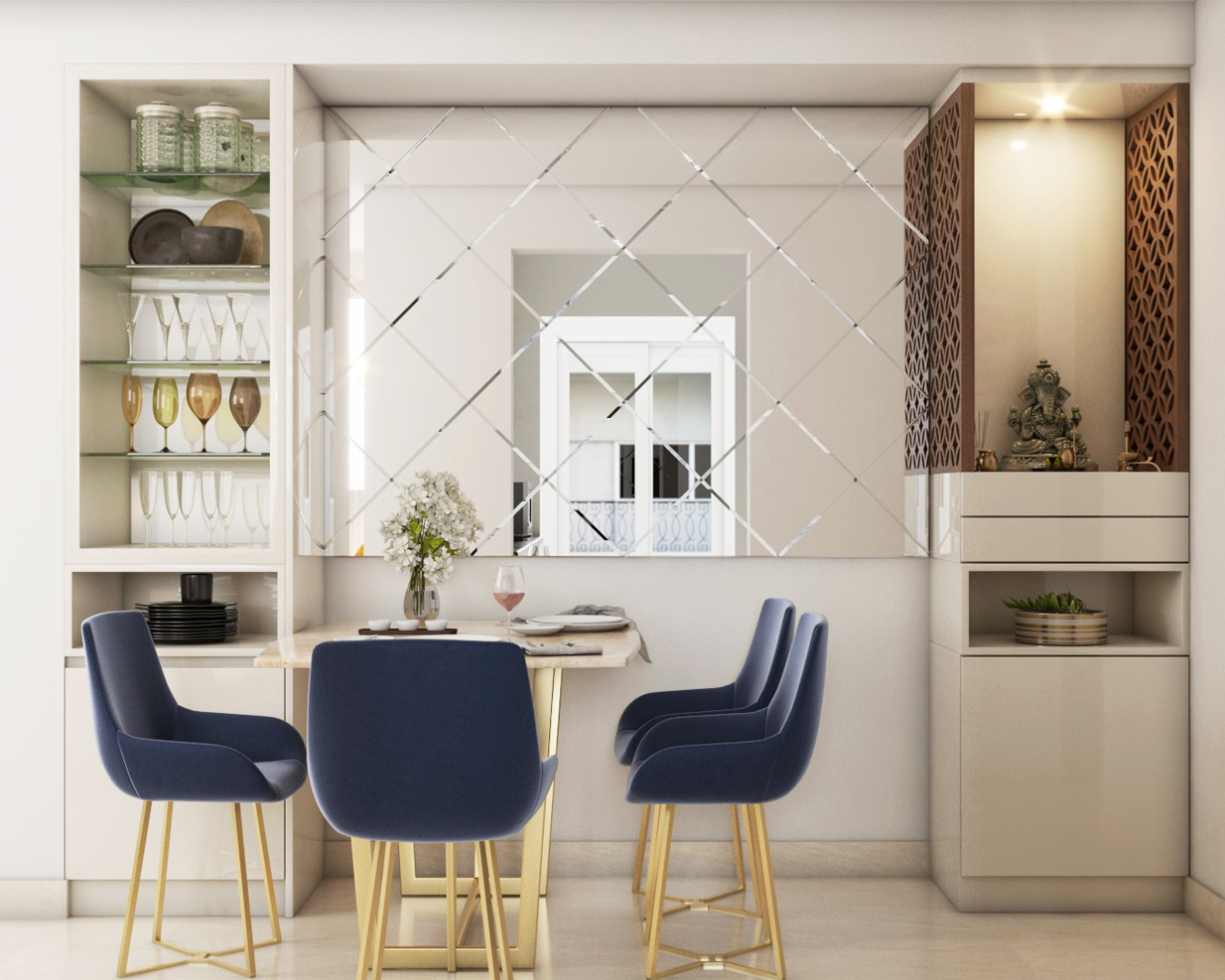 White And Blue 4-Seater Dining Room Design With Bar Unit | Livspace