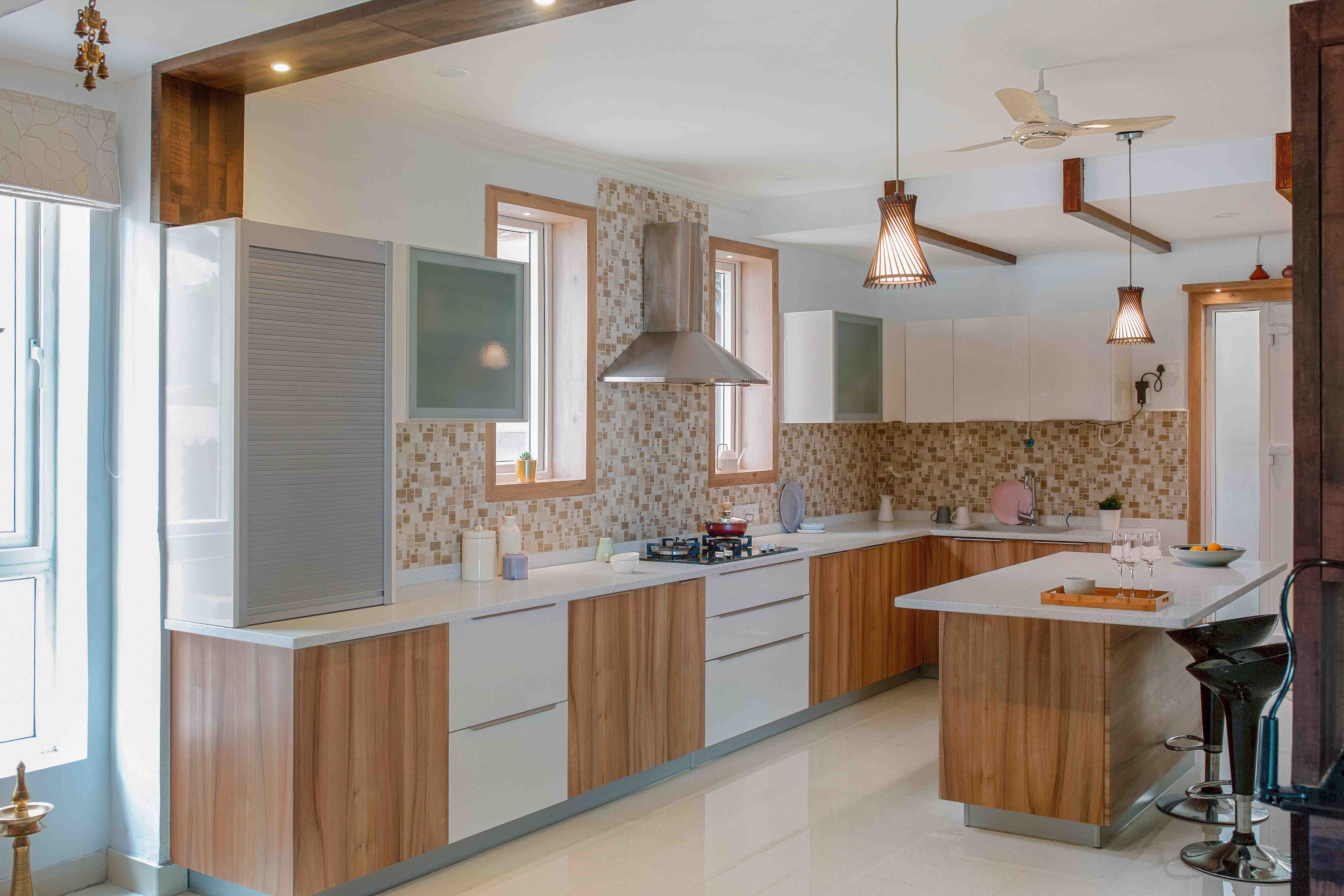 Modular Island Kitchen Design With Wood And White Cabinets | Livspace
