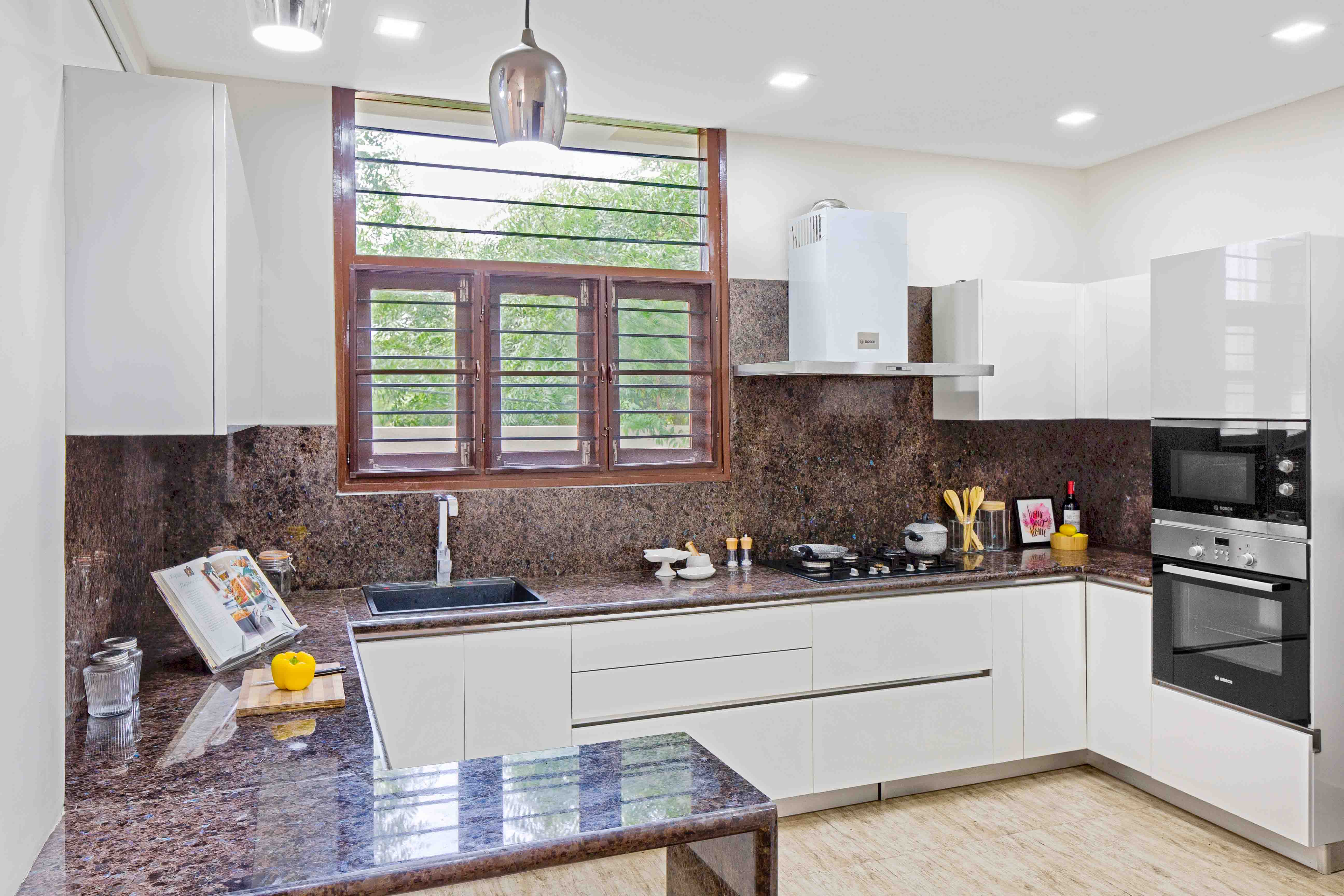 Classic Frosty White Indian Kitchen Design With Granite Countertop ...