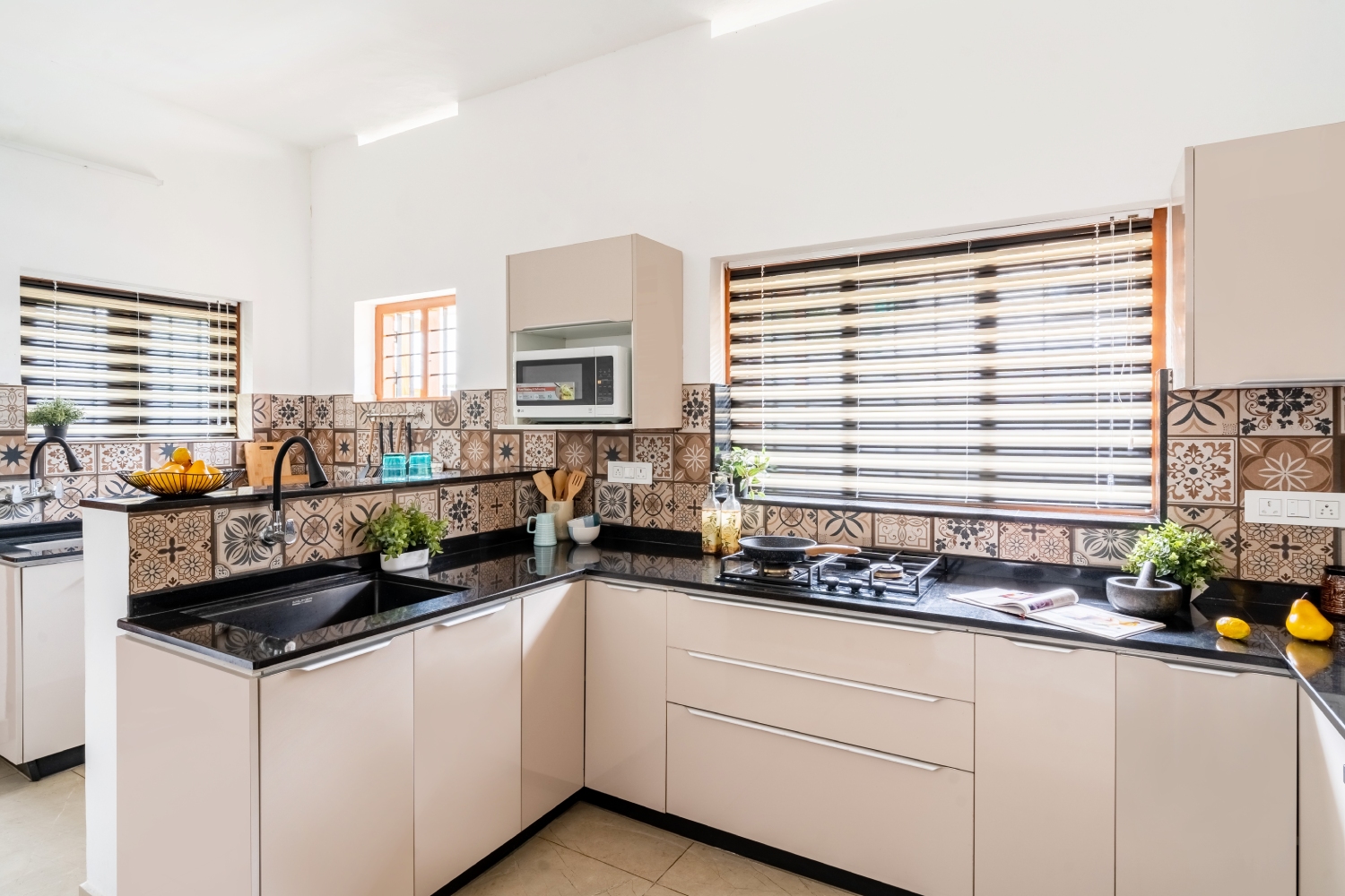 U Shaped Modular Kitchen Design With Sand Satin Cabinets | Livspace
