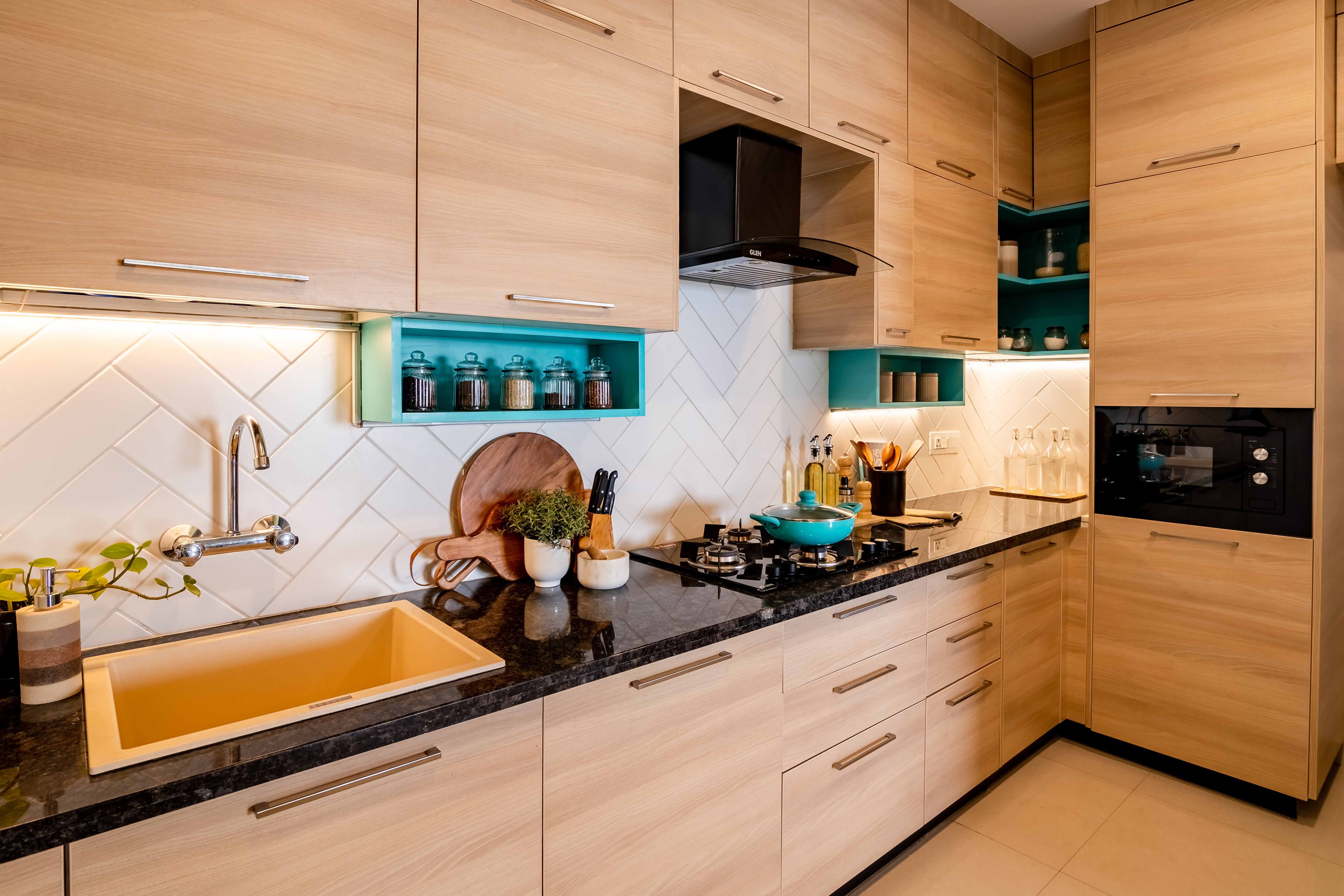 Modular L Shaped Kitchen Design With Persian Walnut Cabinets | Livspace