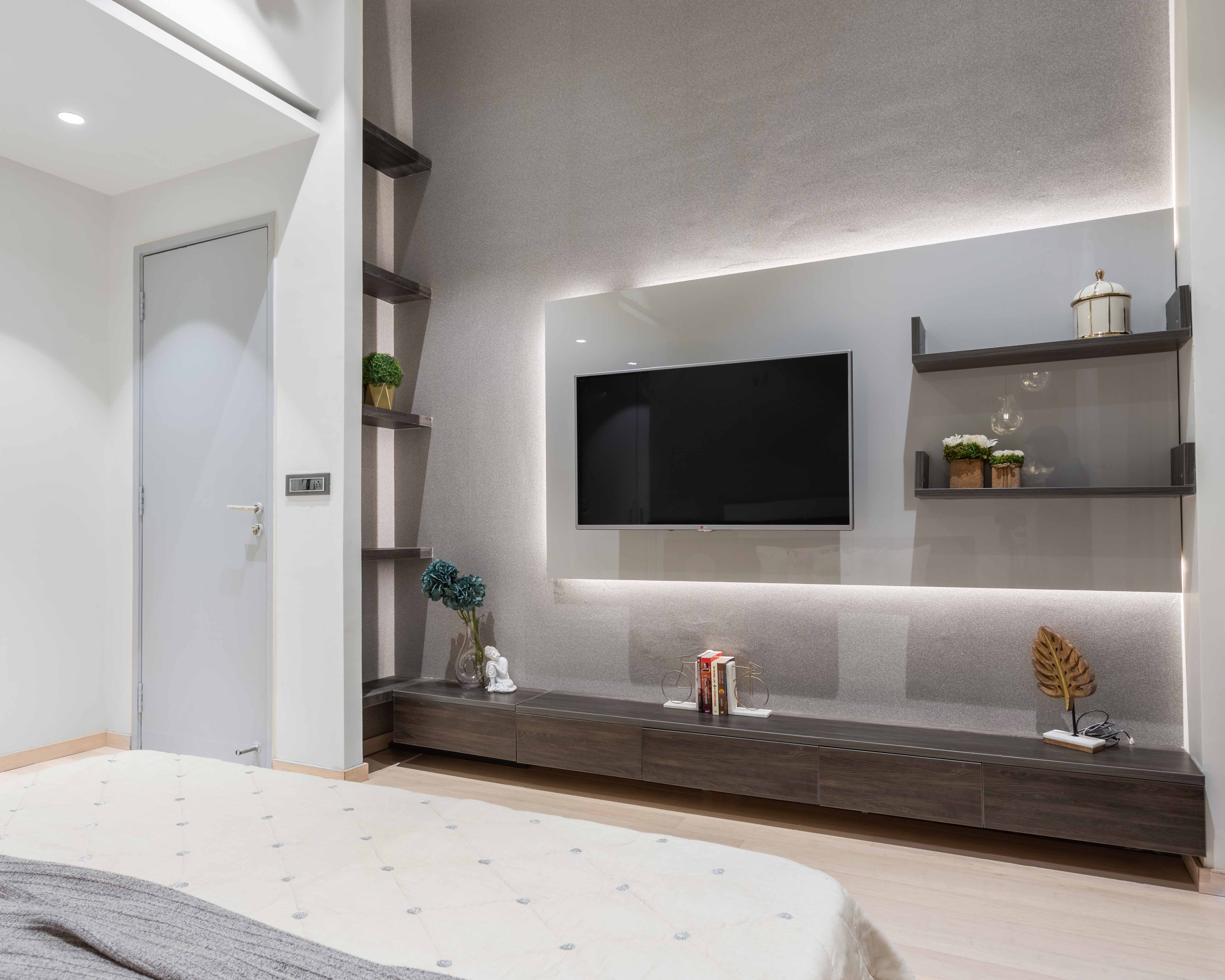 Grey And Dark Brown TV Unit With Backlit Panel | Livspace