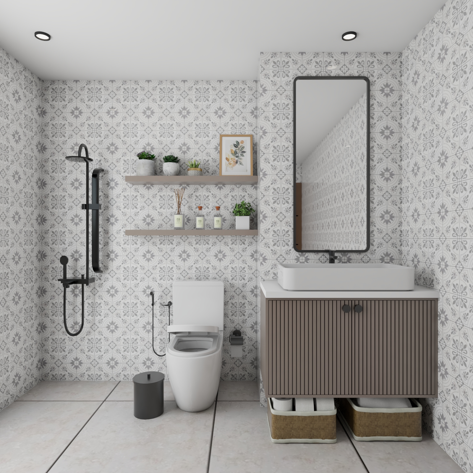 Contemporary Bathroom Design WIth Black Sanitary Fittings | Livspace