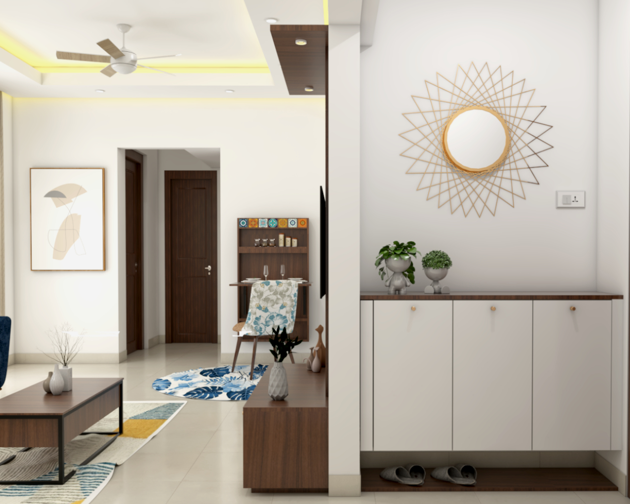 Frosty White Foyer Design With Closed Cabinet Storage | Livspace