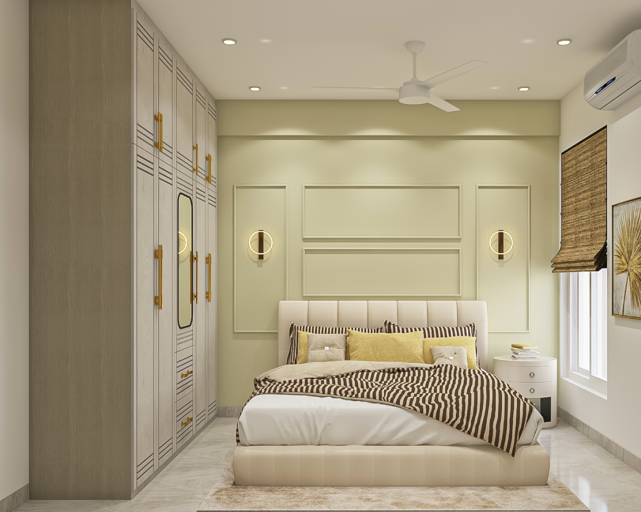 Guest Room Design With Yellow Accent Wall And Trims | Livspace