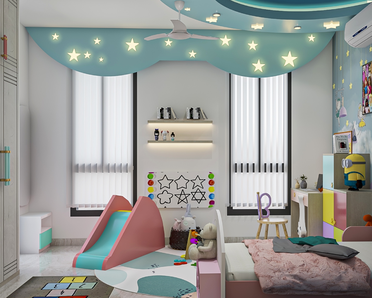 Kids Bedroom Design With Sky Themed Wallpaper | Livspace